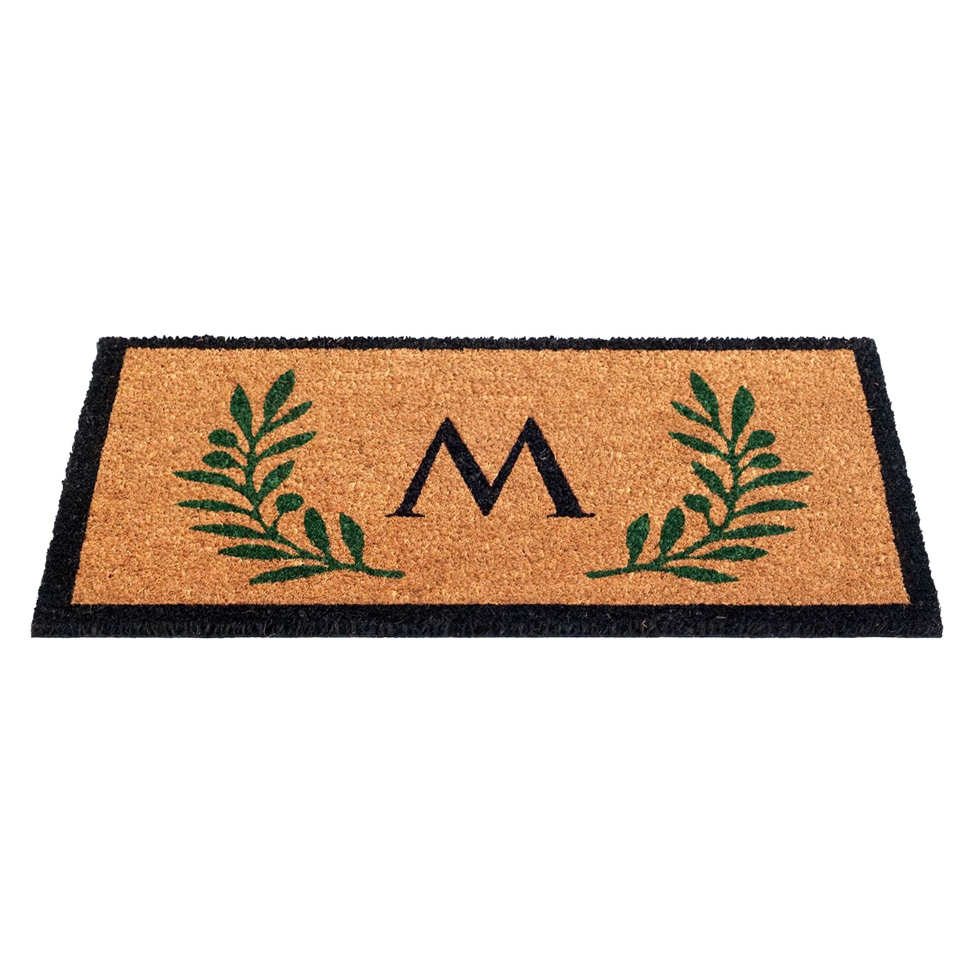 OnlyMat Custom Monogram Coir Doormat with Green Leaf Border Design